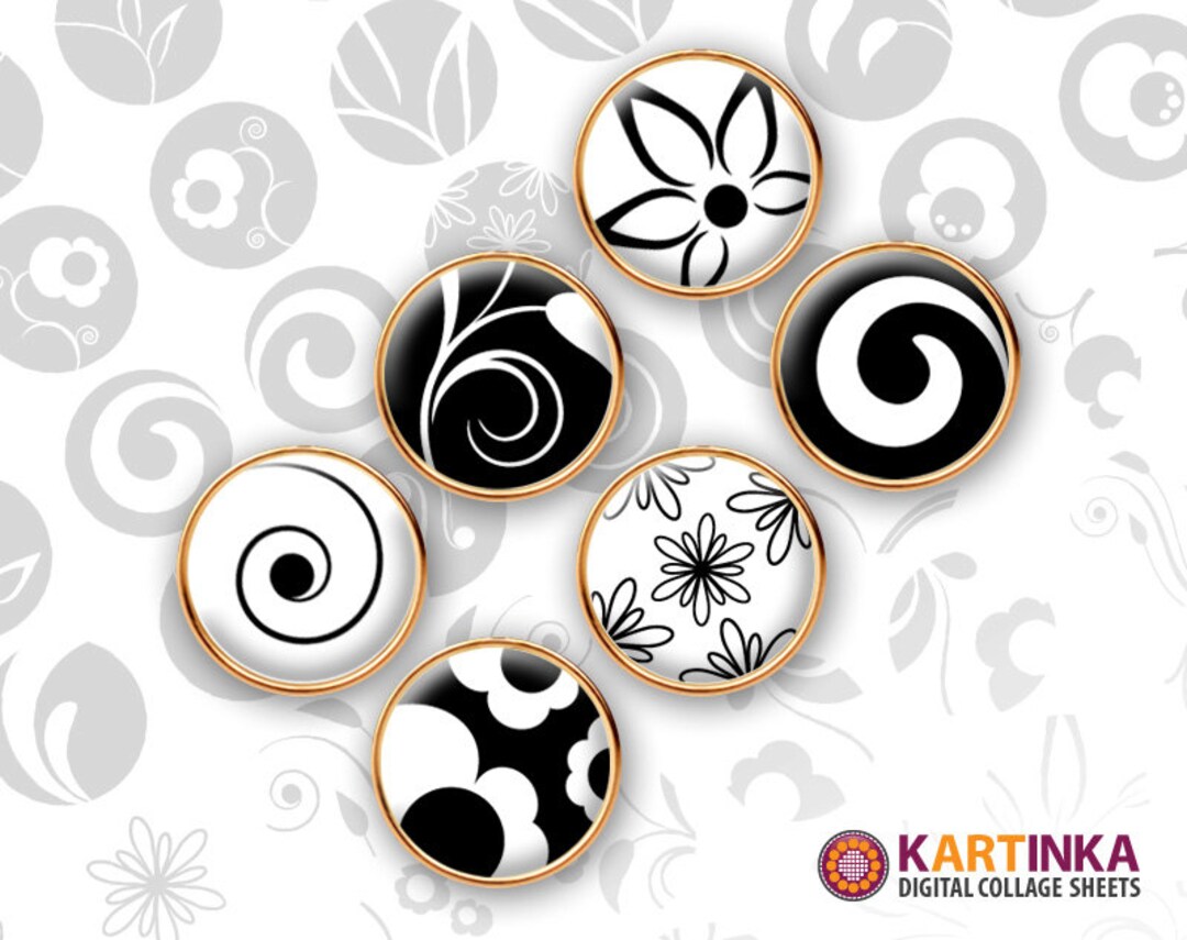 15mm, 13mm Size Printable Images BLACK & WHITE FLORA Digital Sheets for ...