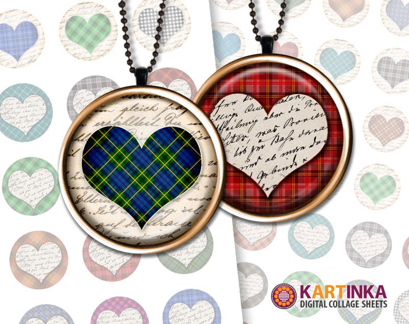 1 Inch 25mm 1.5 Inch 7/8 Inch Printable Images PLAID HEARTS Digital ...