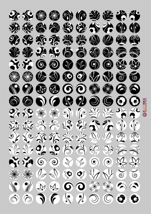 15mm, 13mm Size Printable Images BLACK & WHITE FLORA Digital Sheets for ...