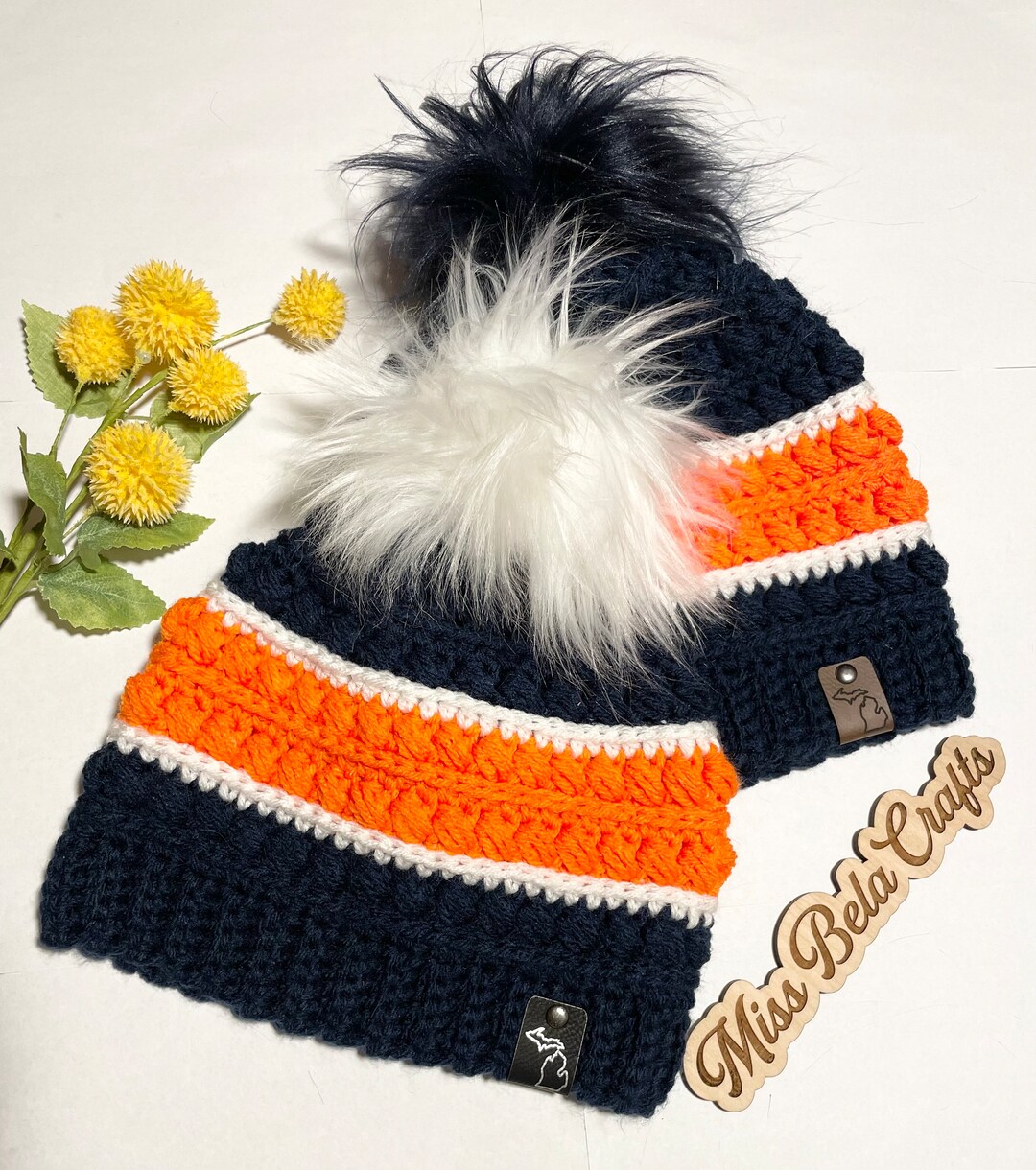 Denver Bronco/detroit Tigers Crochet Beanie: Faux Fur Pom Winter Hat - Etsy