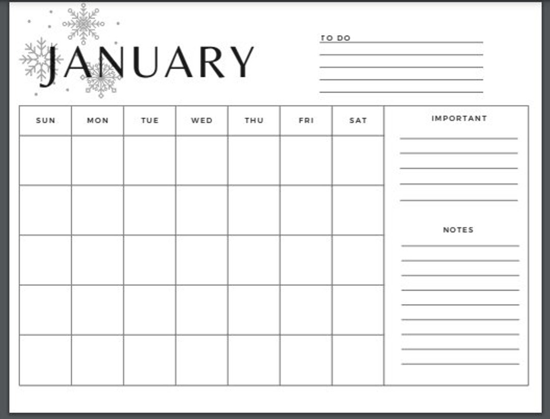 Minimalist Monthly Calendar Template - 8.5x11" - Black and White - Etsy