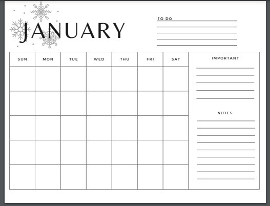 Minimalist Monthly Calendar Template - 8.5x11" - Black and White - Etsy