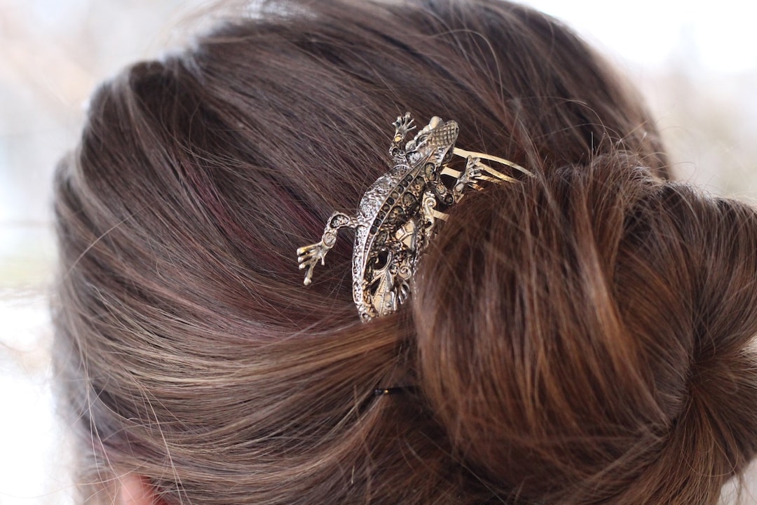 Large Silver Lizard Hair Comb, Single Silver Colored Lizard, Lizard ...