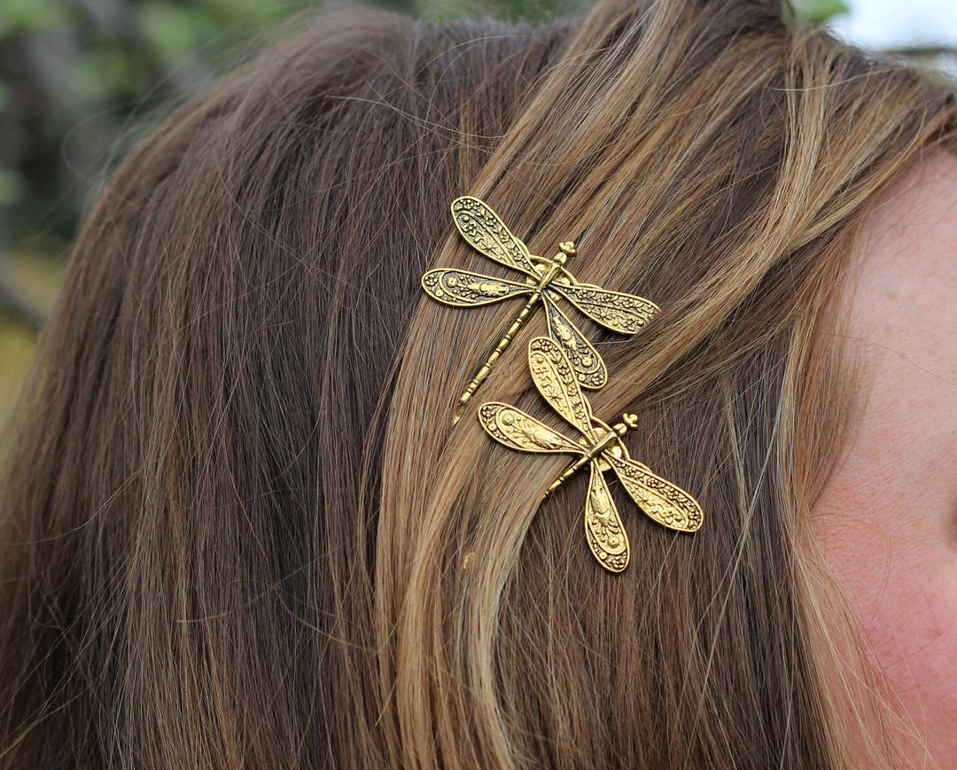 Dragonfly Bobby Pin Set, Gold Insect Bobby Pins, Set of Two Gold ...
