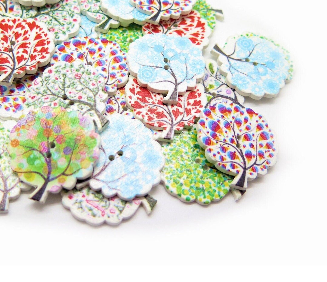 30 Wooden Buttons, Tree Shaped, Sewing and Scrapbook Supply, 1 Inch ...