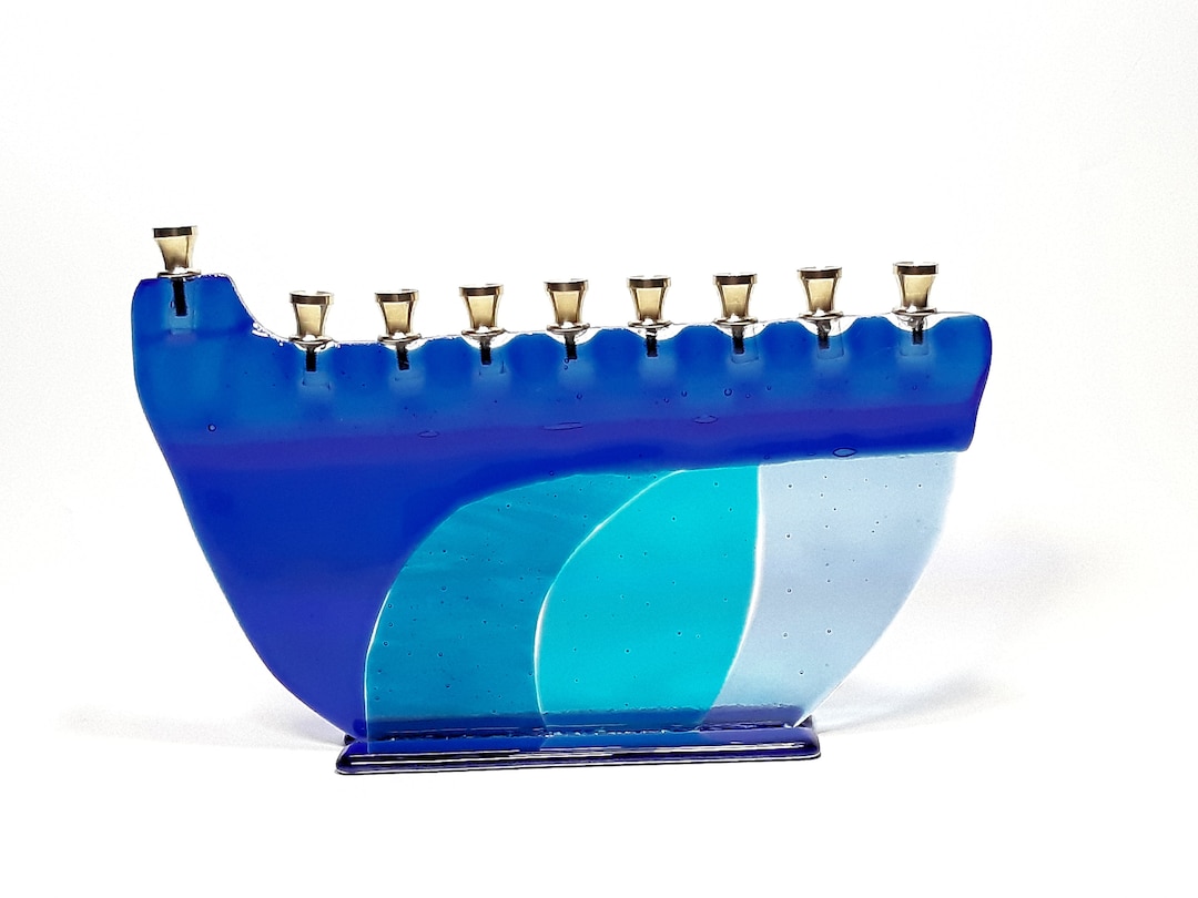 Hanukkah Menorah With Fused Glass and Brass Candle Holder Cups ...