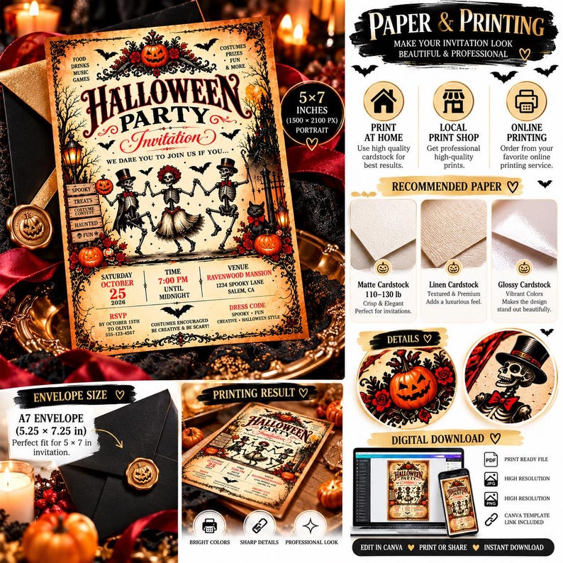 Vintage Halloween Party Invitation, Editable Canva Costume Party Invite ...