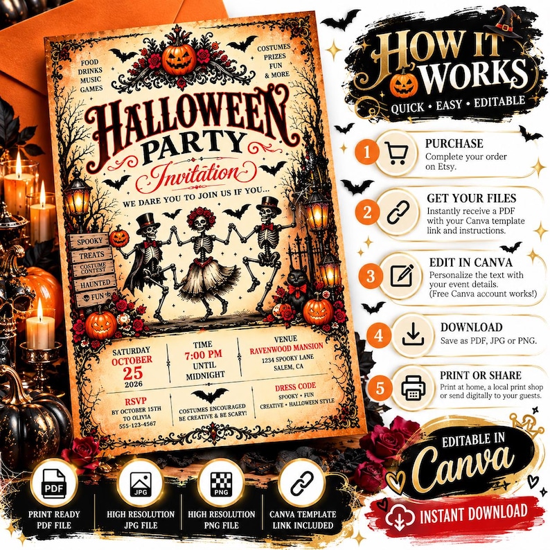 Vintage Halloween Party Invitation, Editable Canva Costume Party Invite ...