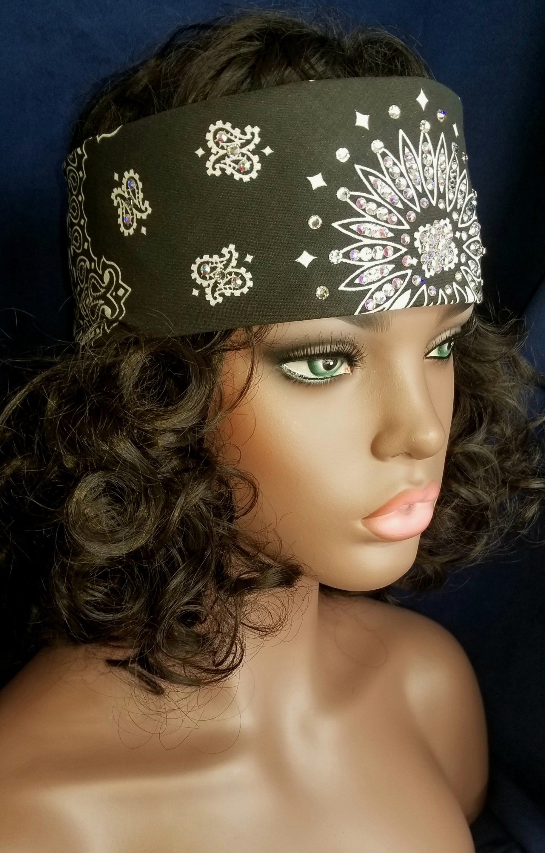 Black bandana with Aurora borealis and diamond clear swarovski crystals