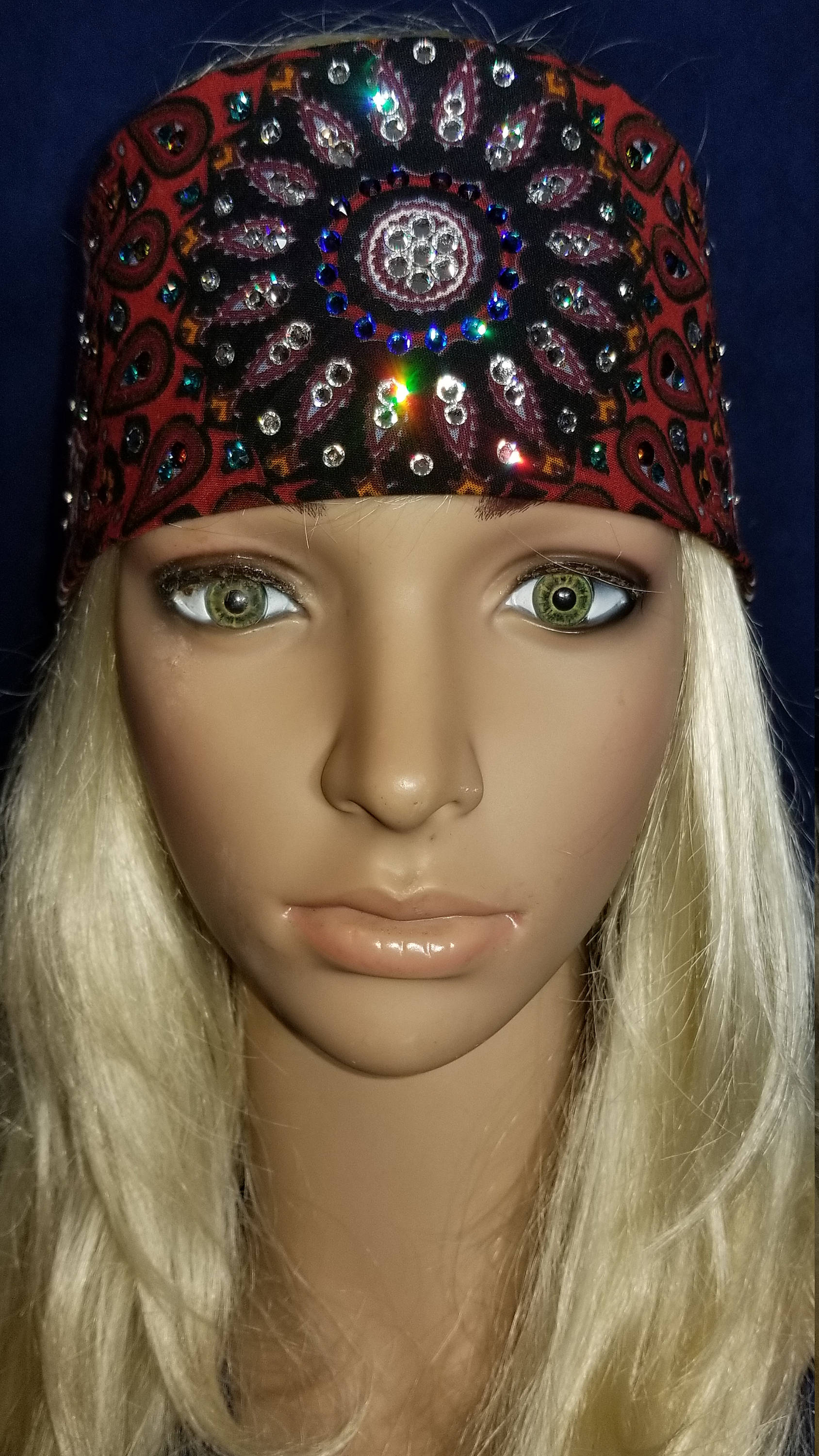 Rust Indian bandana with blue, clear and light turquoise Swarovski Crystals