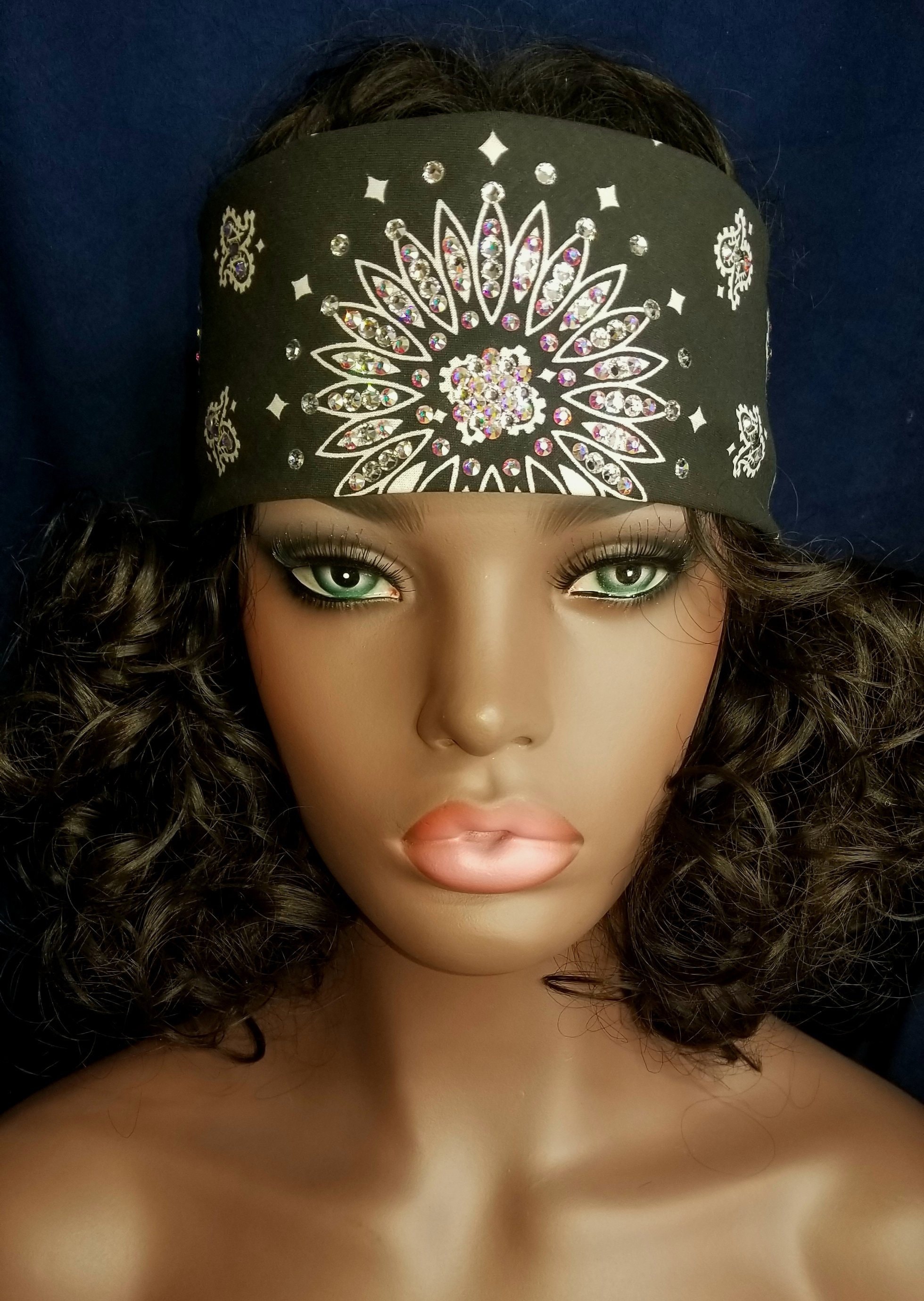 Black bandana with Aurora borealis and diamond clear swarovski crystals