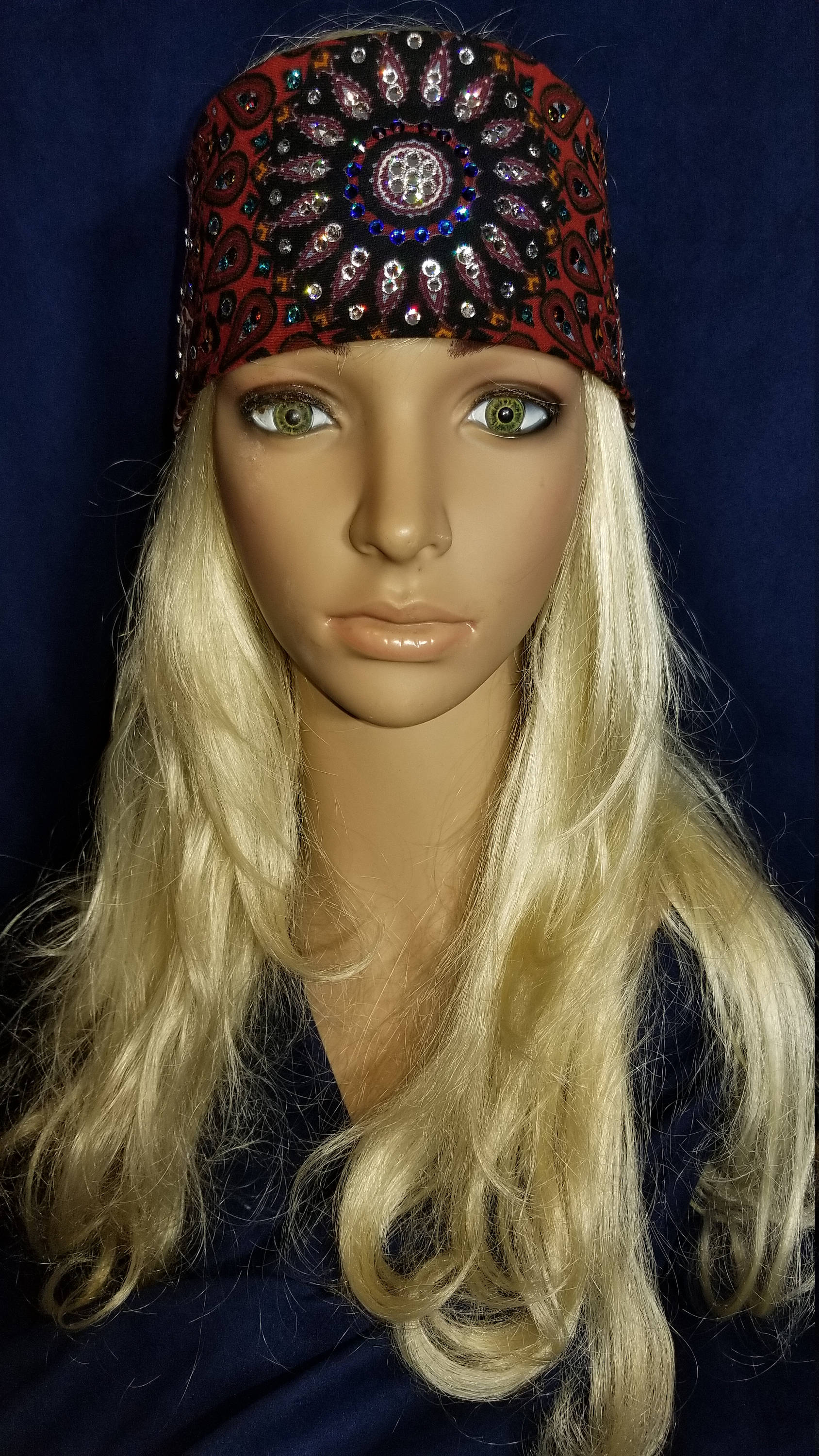 Rust Indian bandana with blue, clear and light turquoise Swarovski Crystals