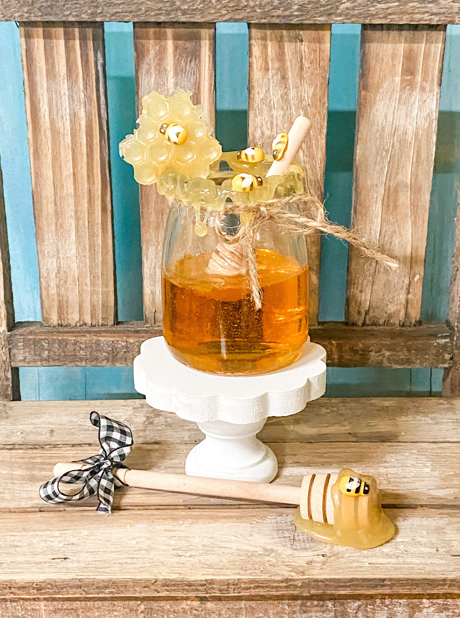 Faux/ Fake Honey Pot Withs Bees and Dipper, Tiered Tray Decor, Summer ...