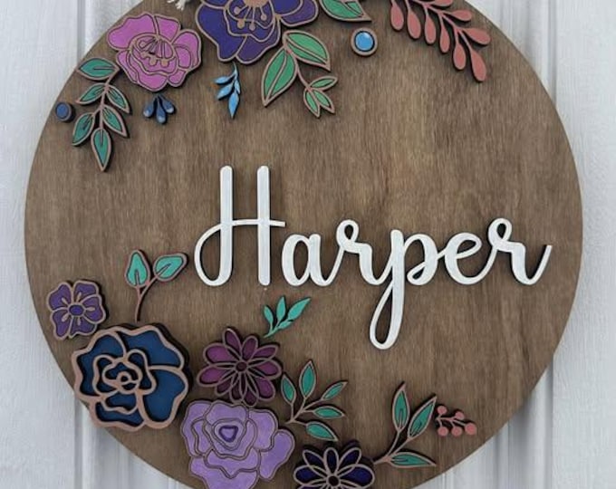 Personalized Floral Round Door Sign - Nursery, Bedroom, or Front Door ...