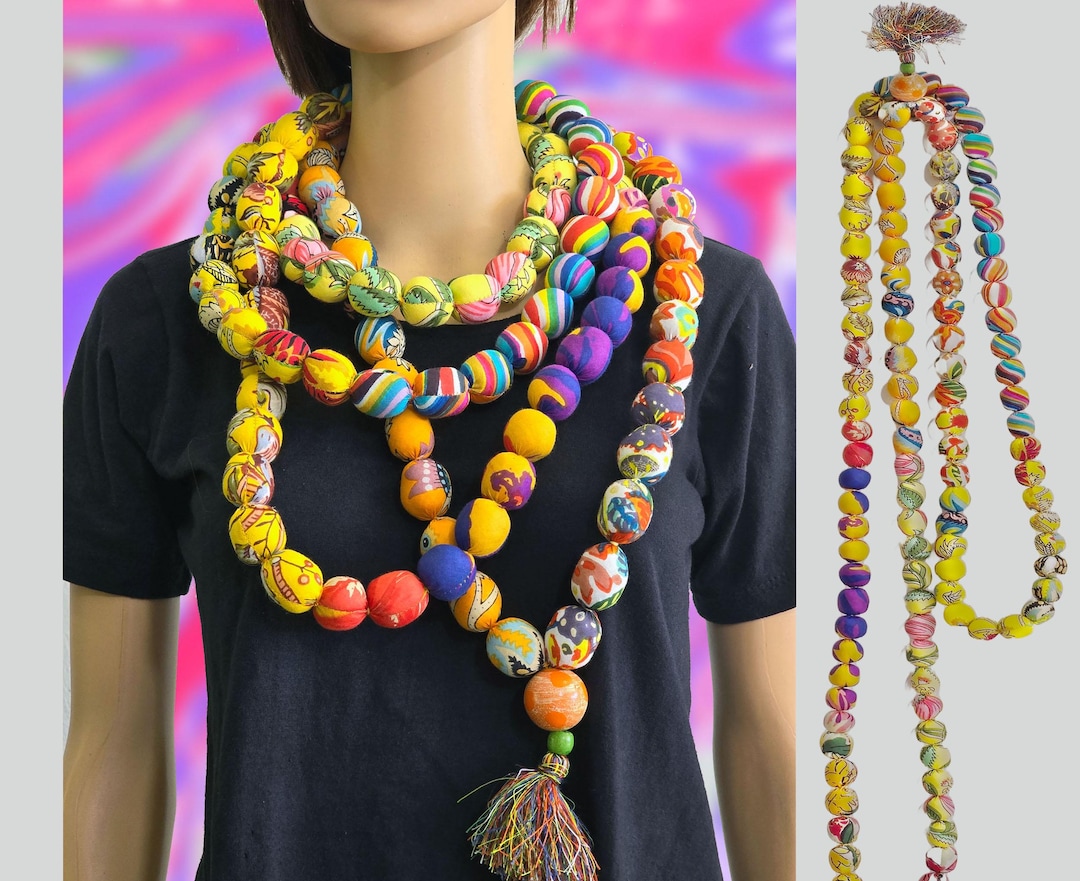 Maxi Large Bead Necklace in Floral and Multicolored Shalimar Cotton ...
