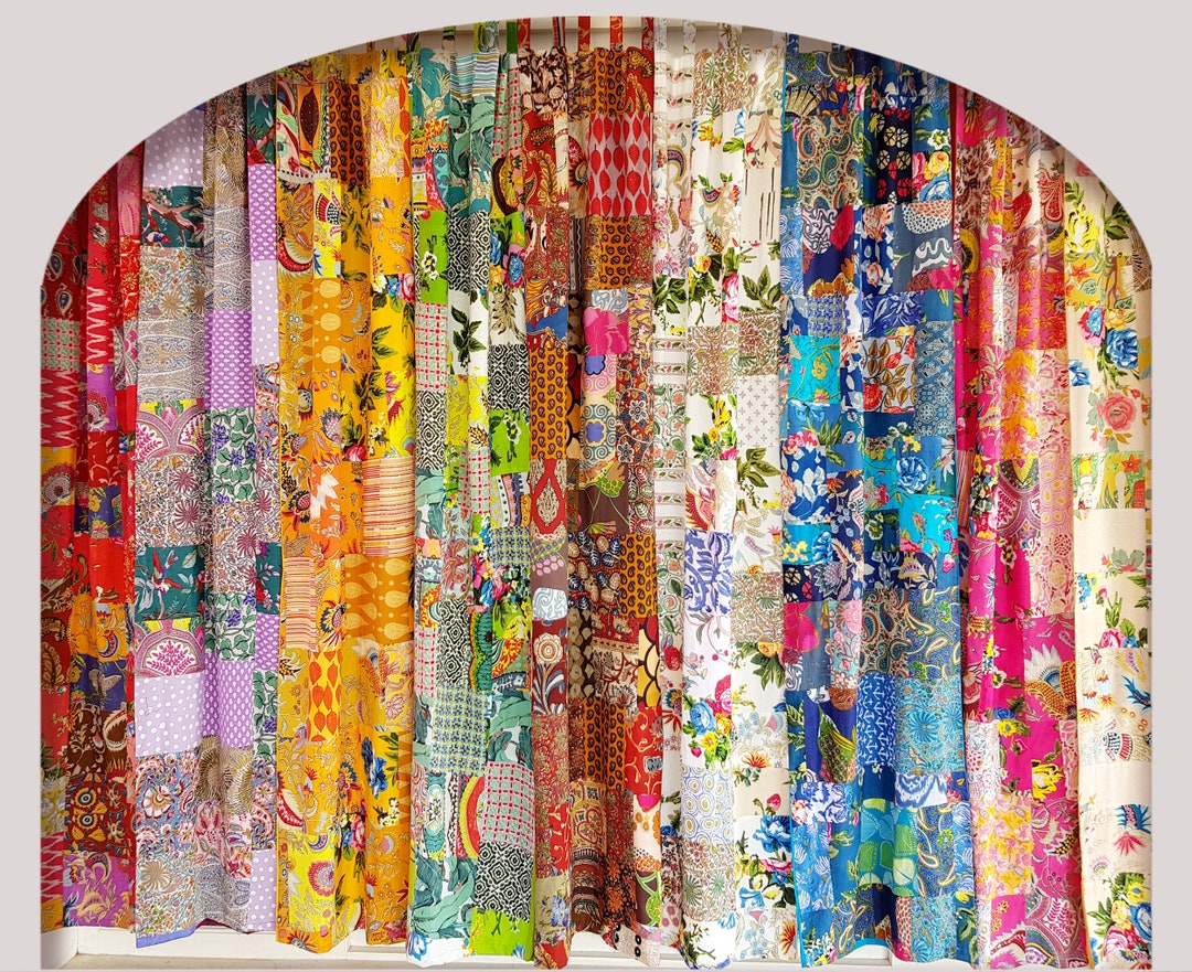 CURTAIN PATCHWORK Multicolored Custom Made in Cotton Plain Color Lining ...