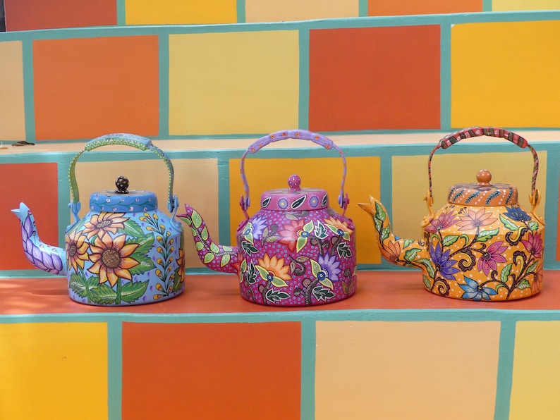 TEAPOT IN Recycled ALUMINUM Hand-painted Boho Tea Pot Painting on ...