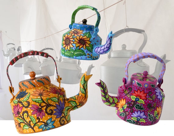 Teapot Aluminum Hand Painted Recycled for a Gypsy and Bohemian | Etsy