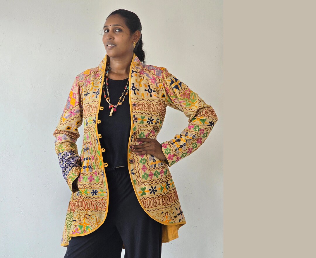 Saffron and Beige 3/4 Frock Coat Jacket in Cotton Canvas Embroidered With Silk Thread - Etsy