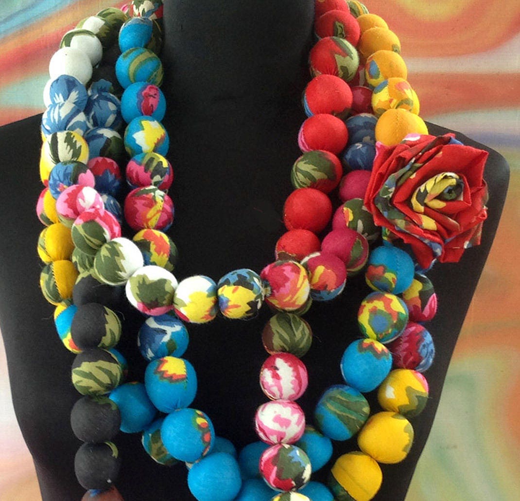 Maxi Large Bead Necklace in Floral and Multicolored Shalimar Cotton ...