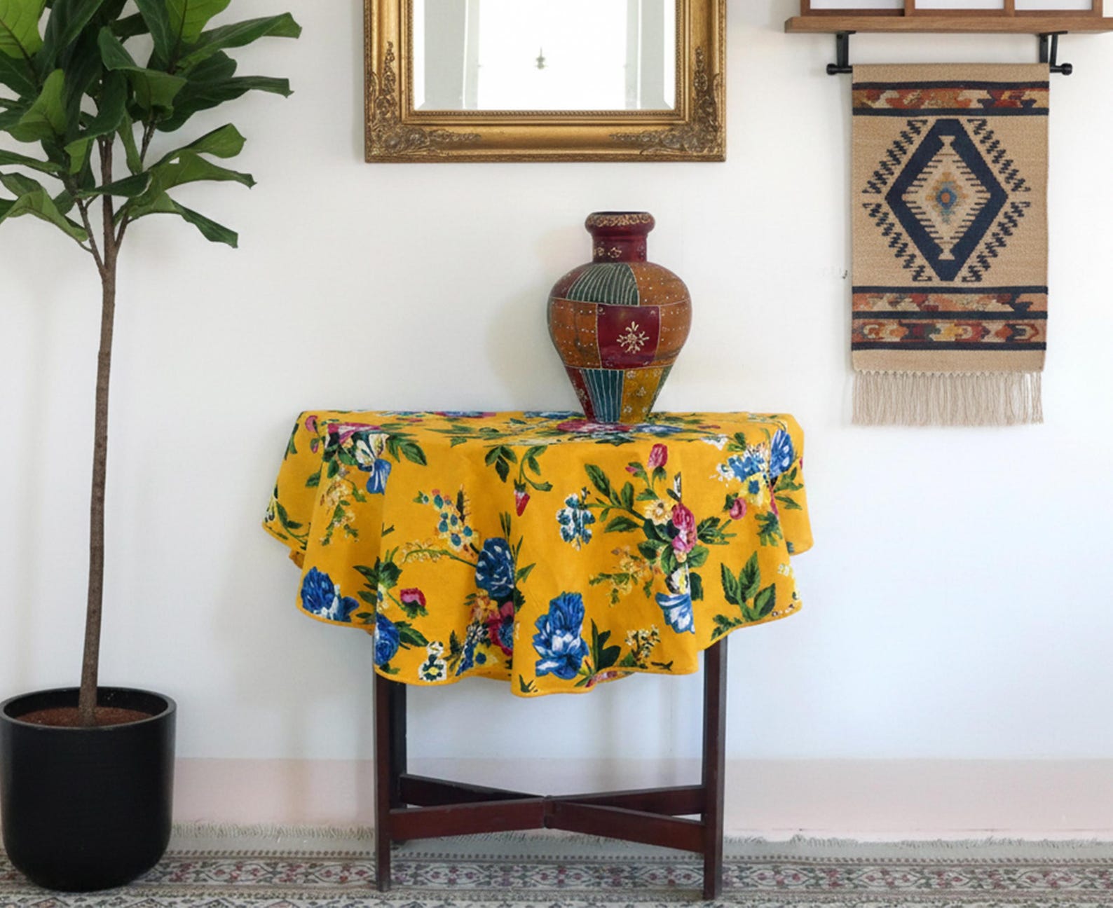 Tablecloth Round 110 Cm in Diameter in Red Cotton With Large Flower ...