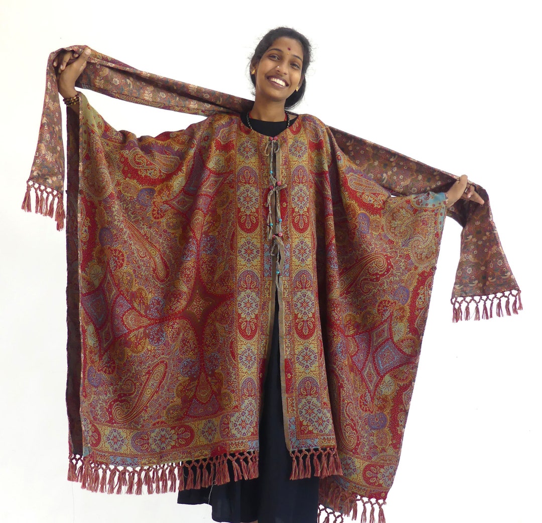 Reversible Open PONCHO COAT in Pure Red and Saffron Wool to Put on the ...