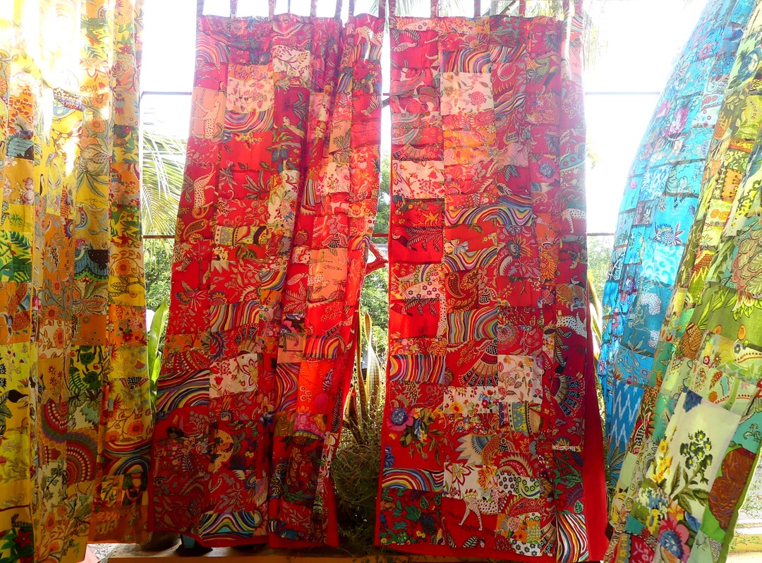 Red Patchwork Curtain Panel, Boho Cotton Curtain, Handmade Hippie ...