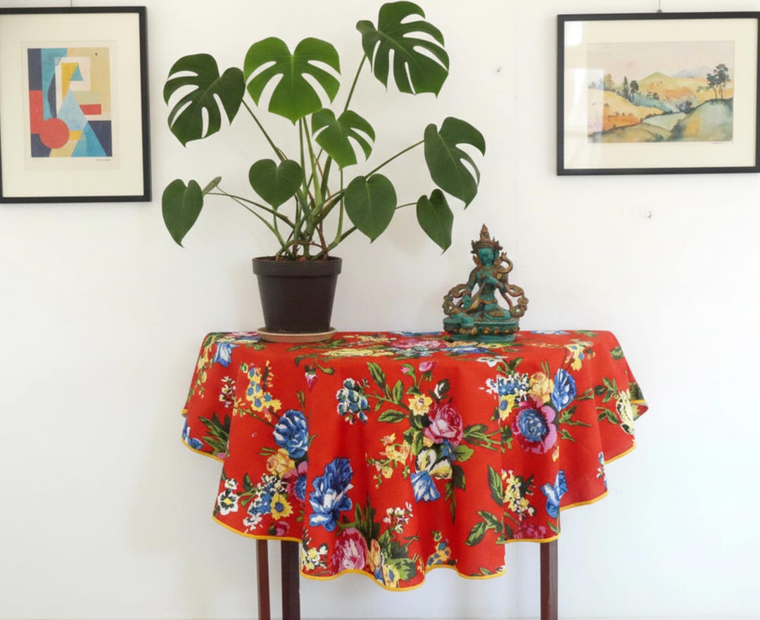 Tablecloth Round 110 Cm in Diameter in Red Cotton With Large Flower ...