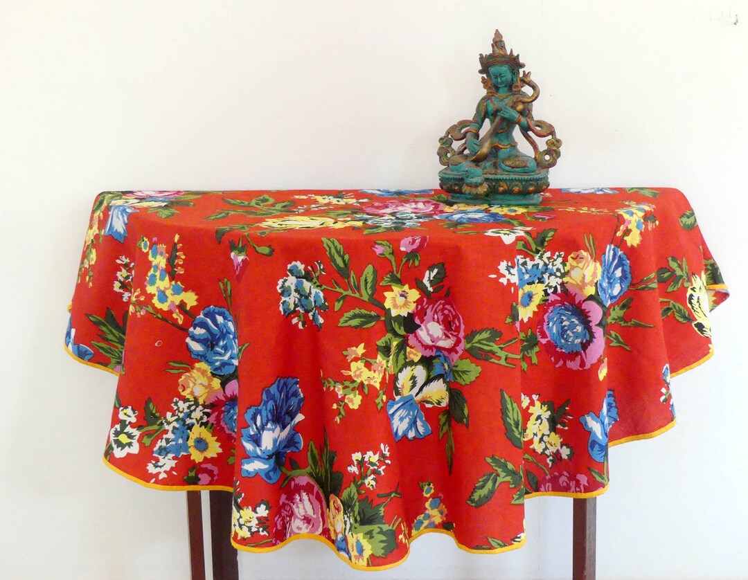 Tablecloth Round 110 cm in diameter in red cotton with large - Etsy 日本