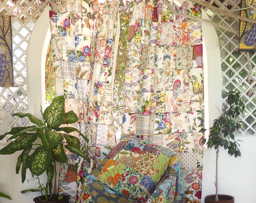 PATCHWORK CURTAIN White and Multicolored Custom Curtain Cotton Curtain ...