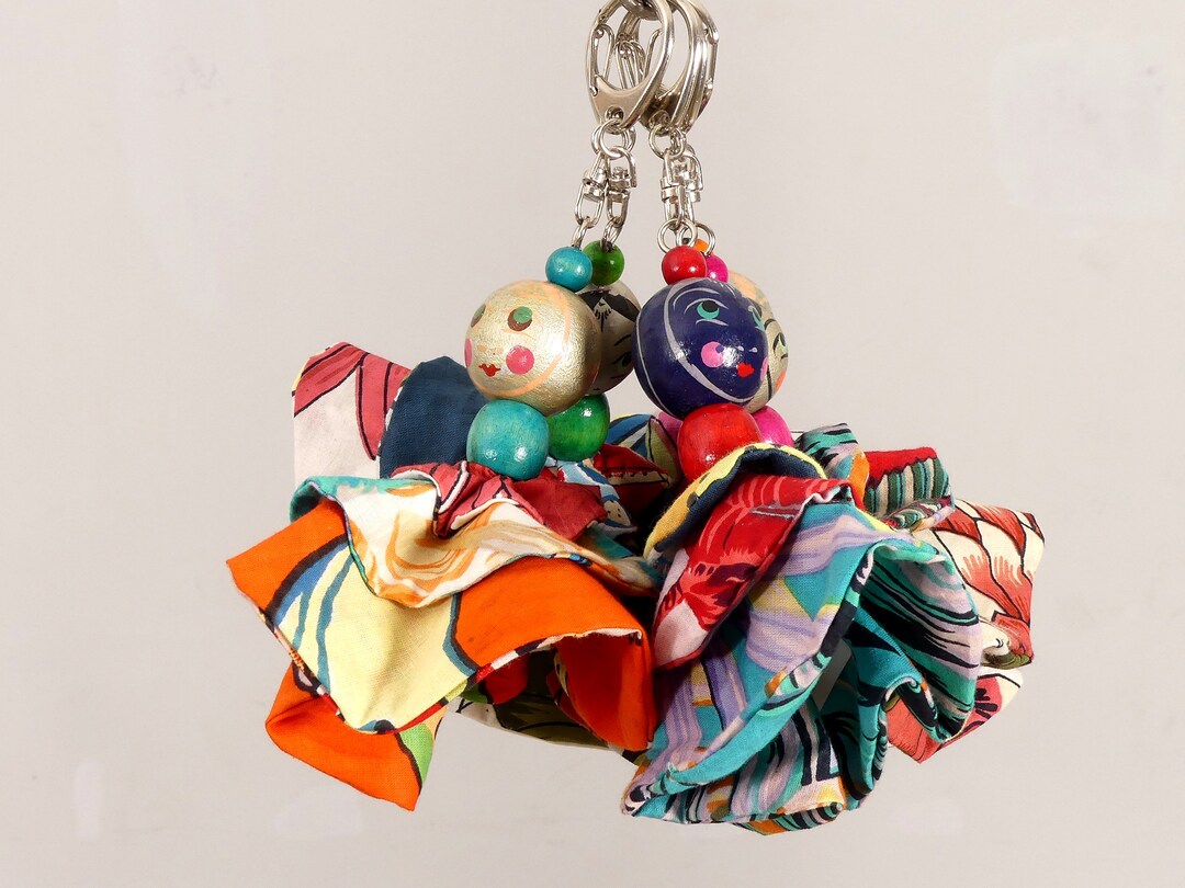 Two Large Fancy Key Rings, Small Dolls in Fabric and Wooden Beads for ...