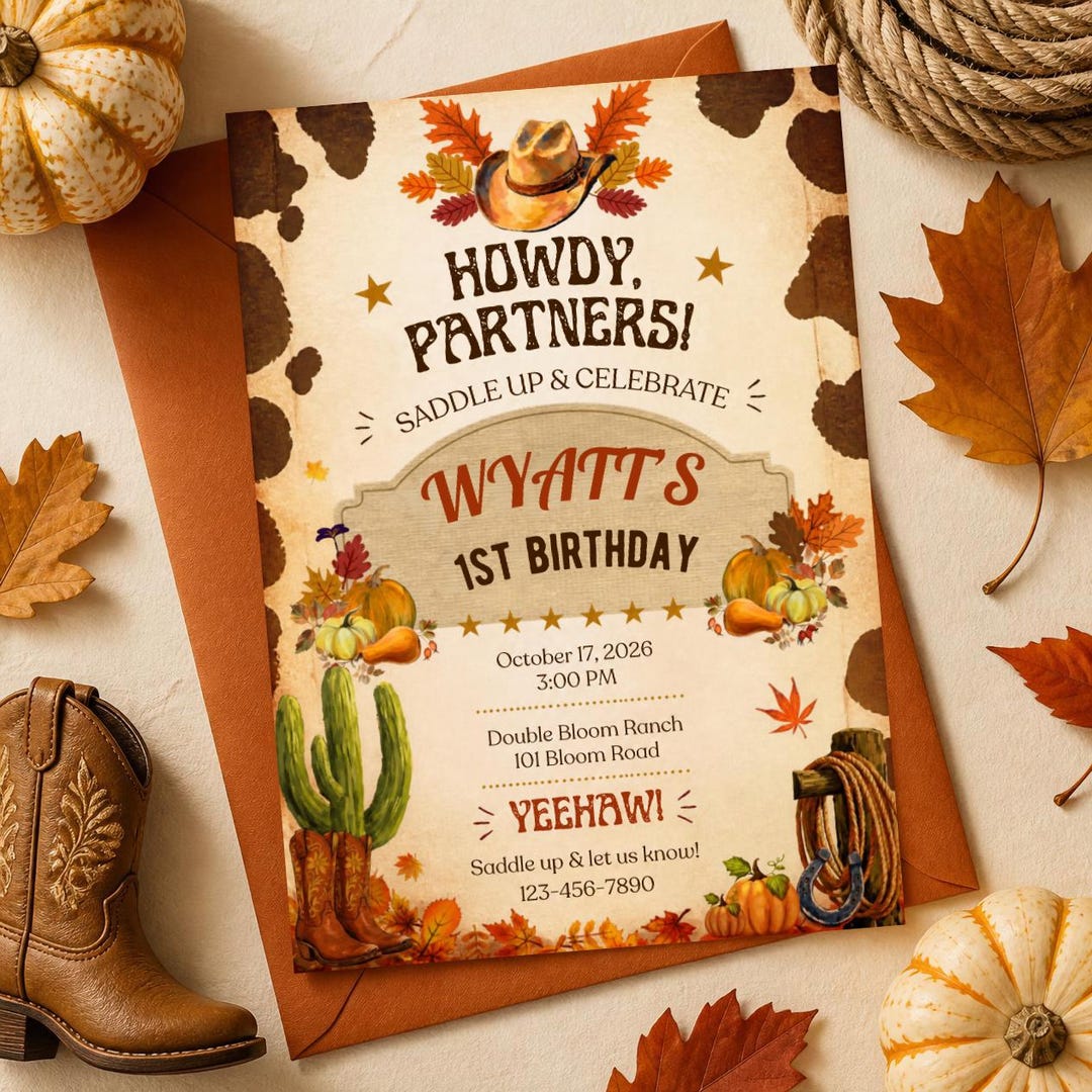 Fall Cowboy First Birthday Invitation Canva Template, Digital Download ...
