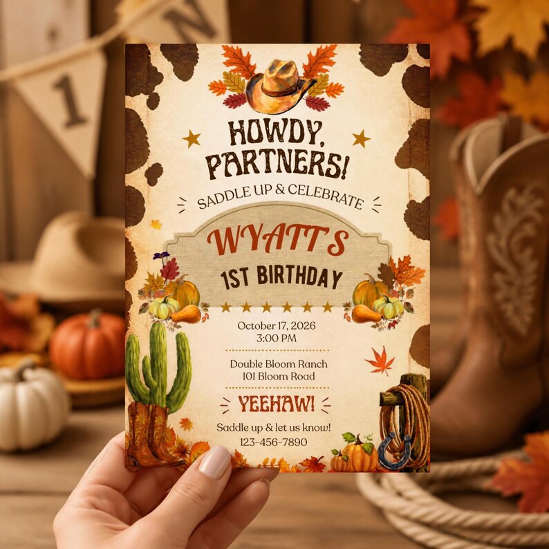 Fall Cowboy First Birthday Invitation Canva Template, Digital Download ...