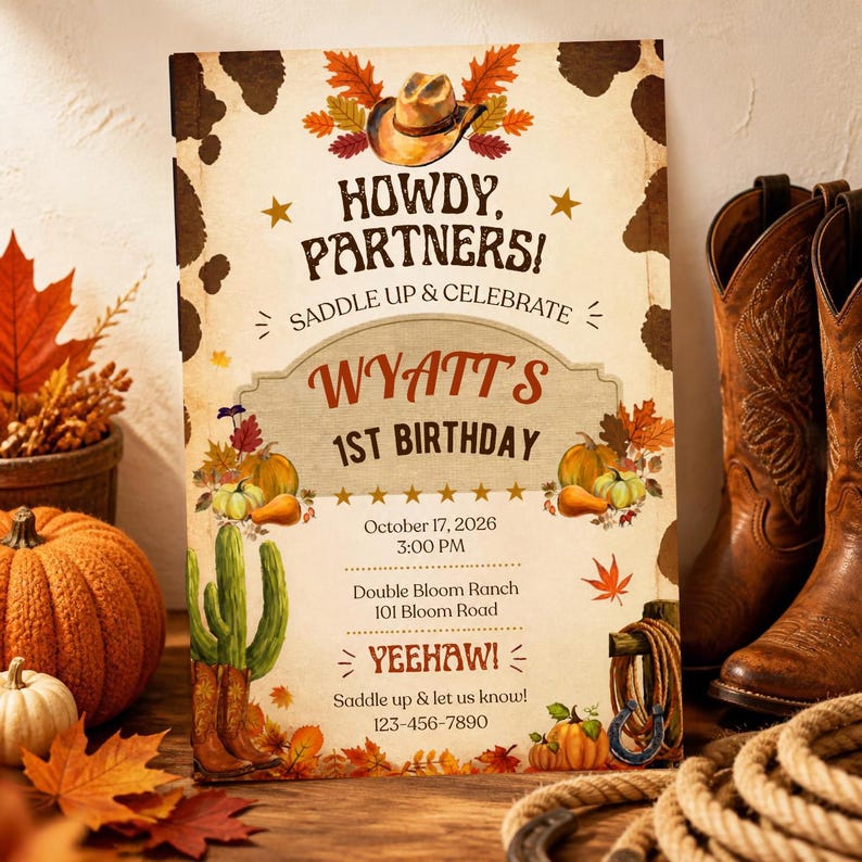Fall Cowboy First Birthday Invitation Canva Template, Digital Download ...