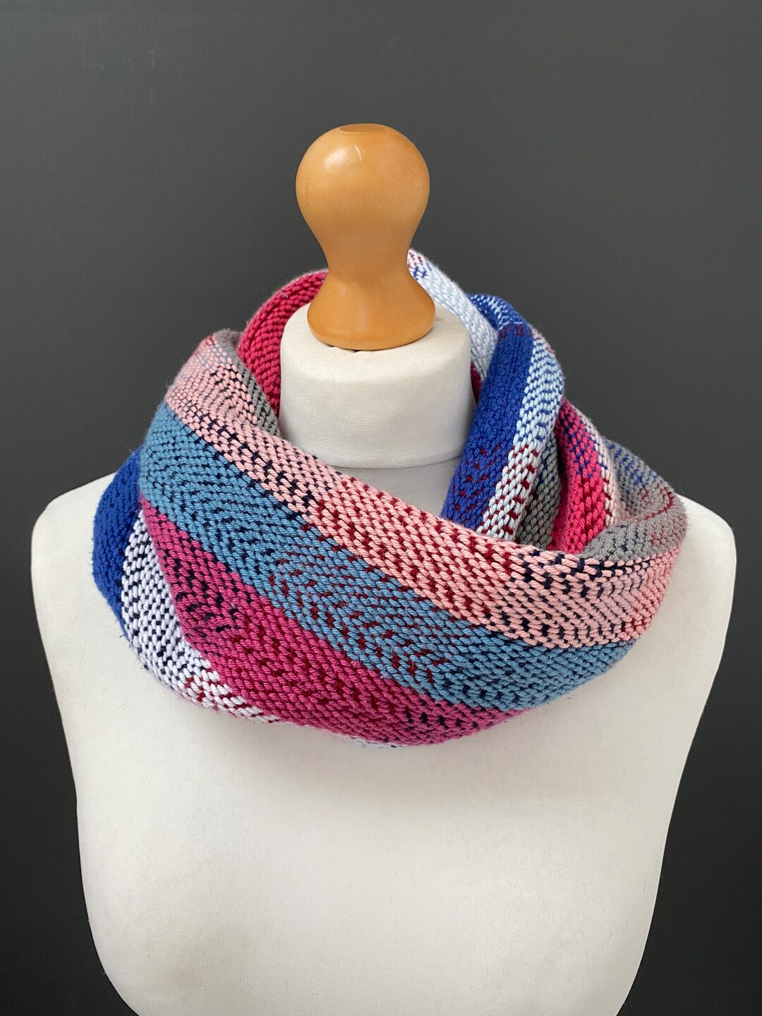 Handwoven Cotton Cowl, Pastel Infinity Scarf, Navy, Pink and Blue ...