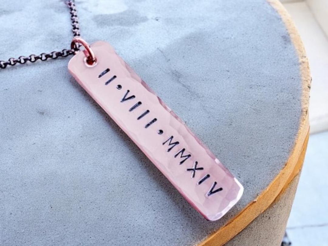 Personalized Roman Numeral Copper Bar Necklace - Hammered Date Pendant ...
