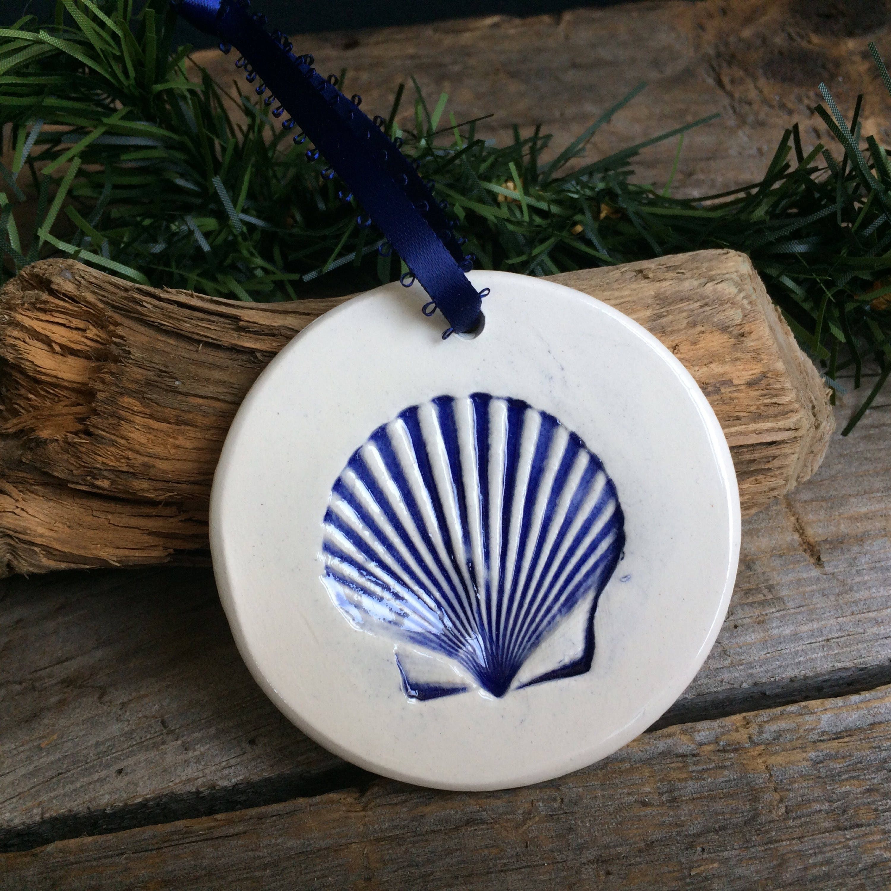 Nautical shell ornament blue scallop shell ornament beach | Etsy