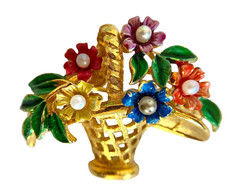 St Labre Floral Brooch: Gold-tone Enamel Flower Basket Pin - Etsy