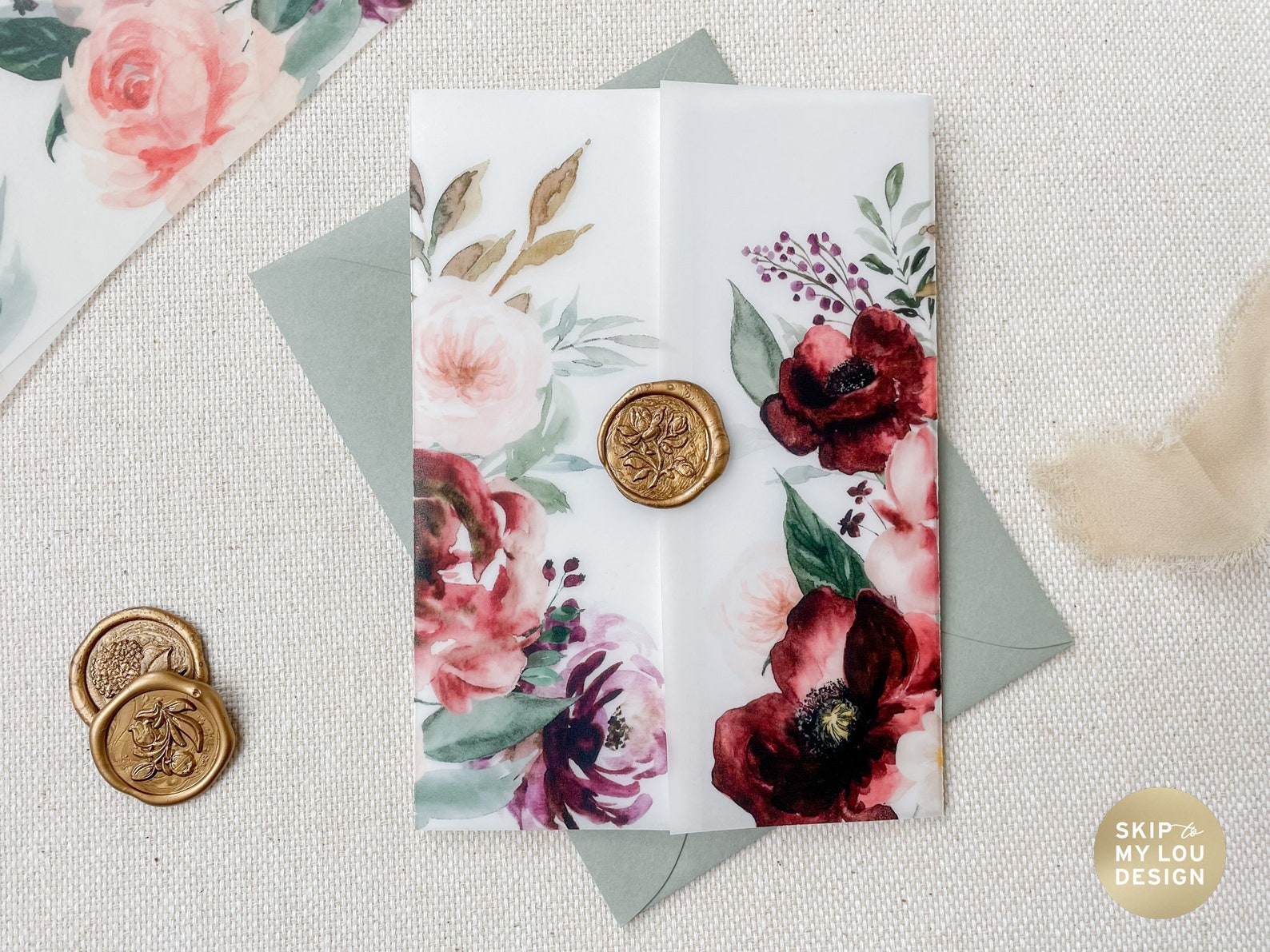 Burgundy Blush Sage Vellum Jacket for Wedding Invitation | Vellum Wrap ...