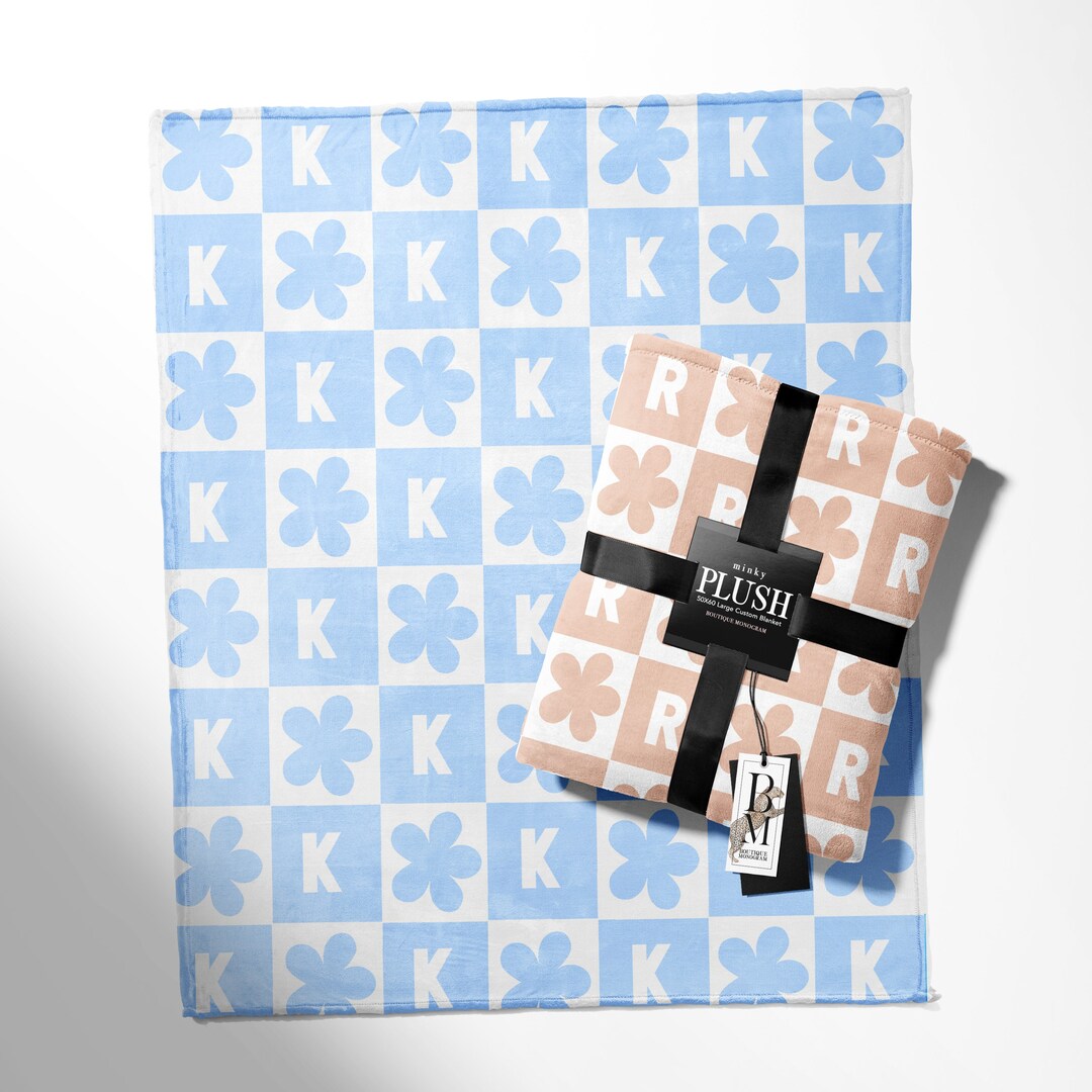 Personalized Blanket, Large Plush Custom Blanket, Boho Checker Flower ...