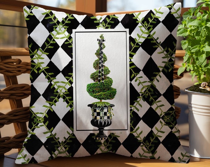 Blue & White Topiary Wool Hooked Pillow, Boho Throw Pillow, Decorative ...