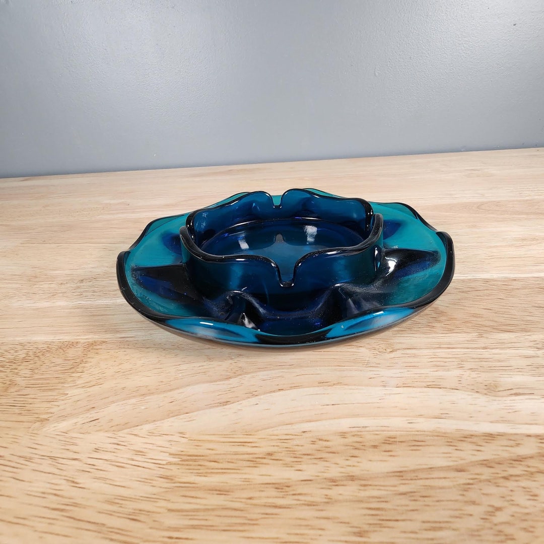 Vintage Blue Glass Ashtray - Etsy