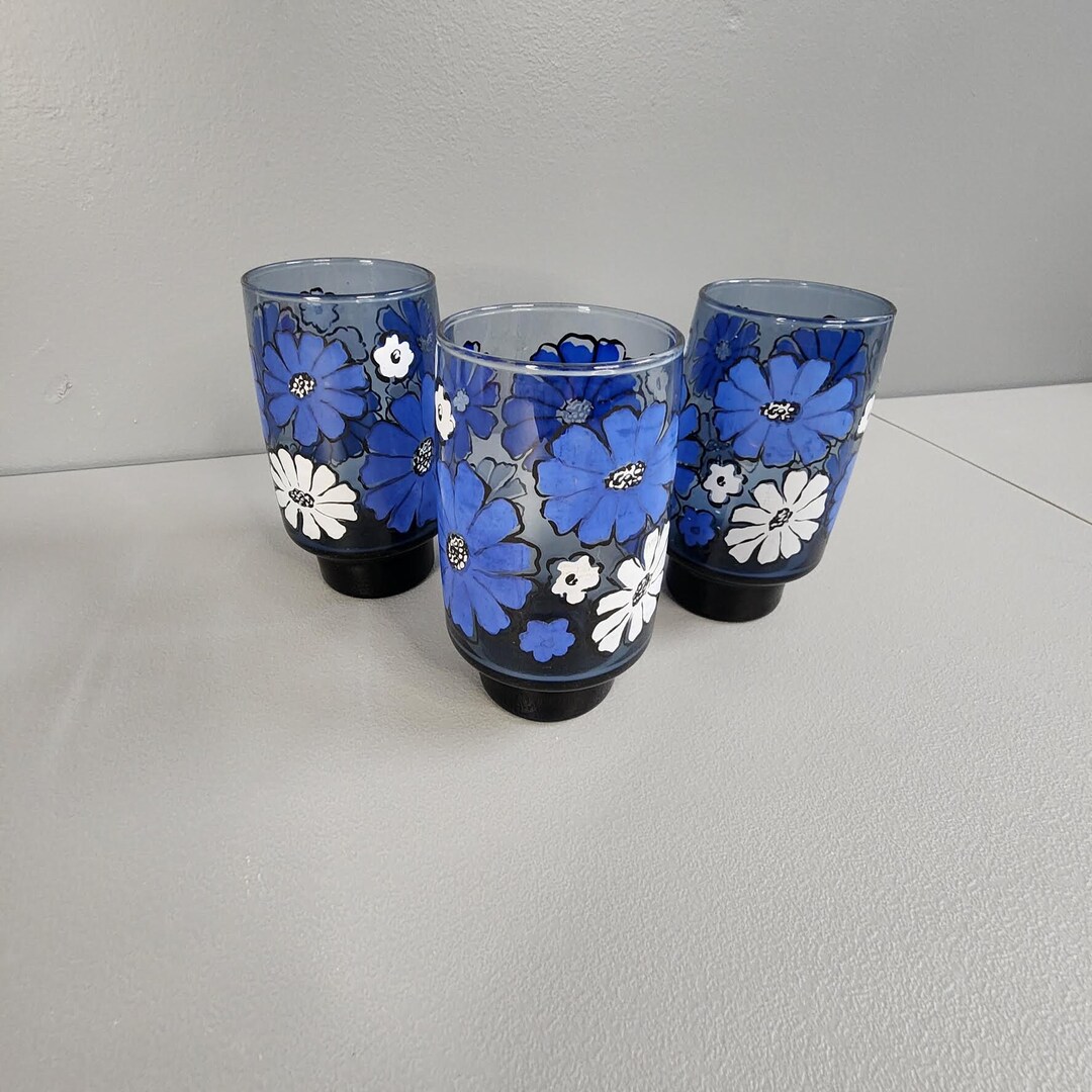 Set Of 3 Libbey Blue And White Flower Drinking Glasses Etsy