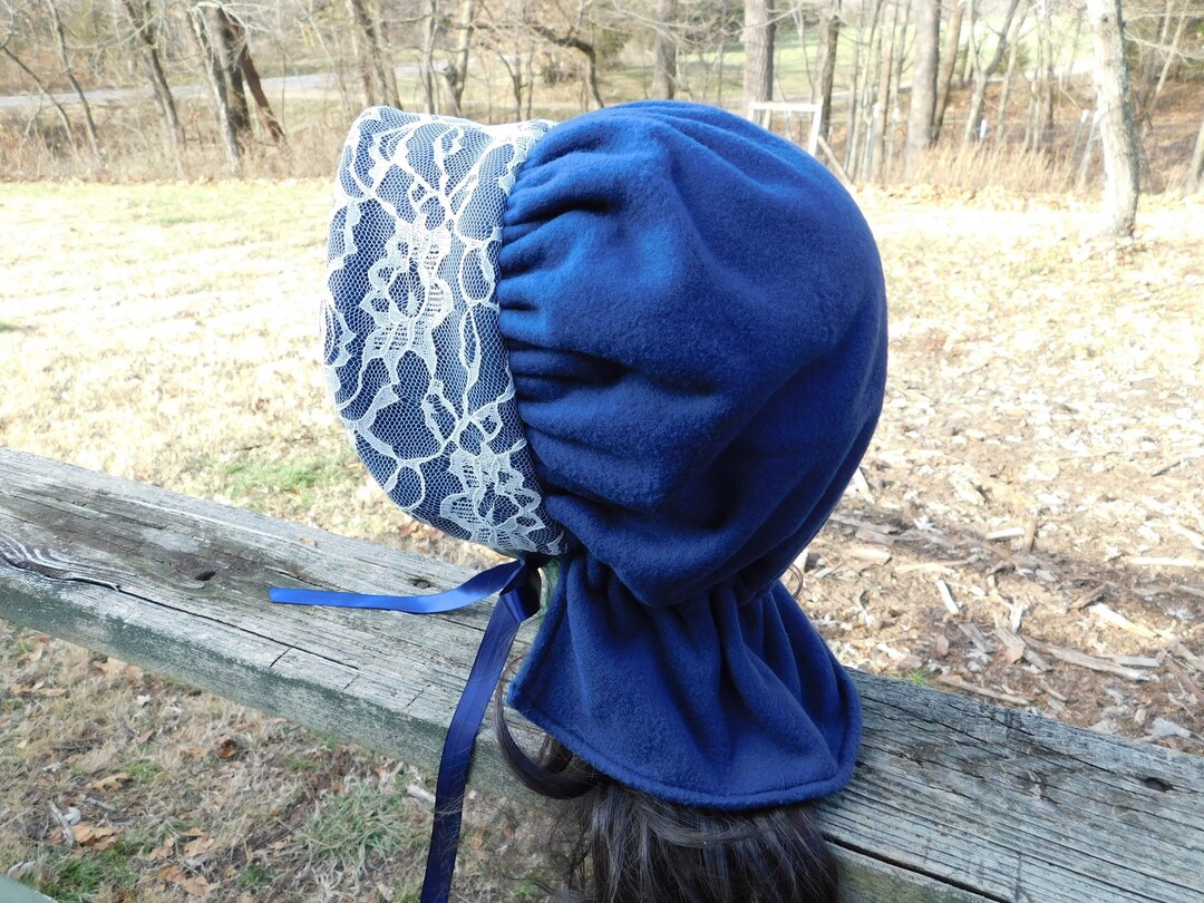 Navy Blue Polar Fleece Bonnet With Lace Overlay, Blue Bonnet, Polar ...