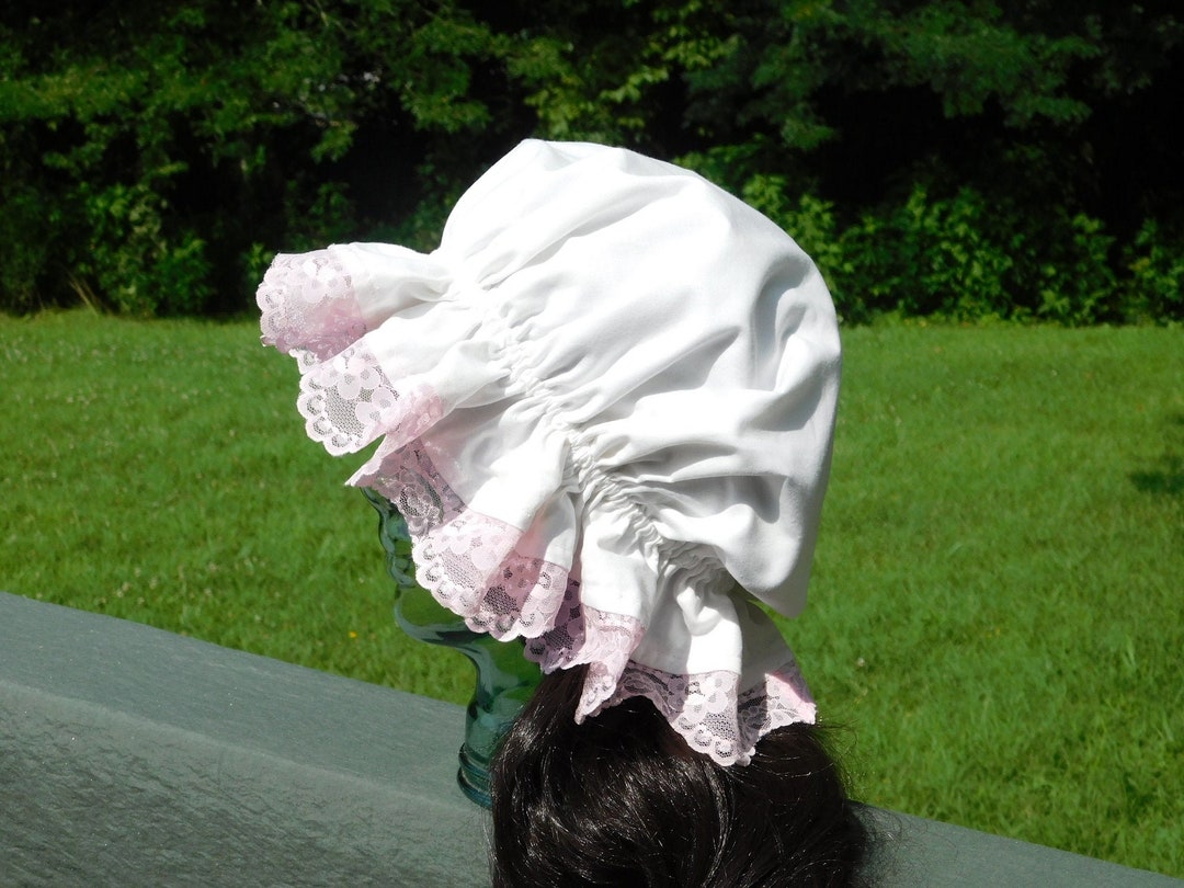 Mop Cap, Pink Lace, White Cotton Night Cap, Cotton Bonnet, Bath Bonnet ...