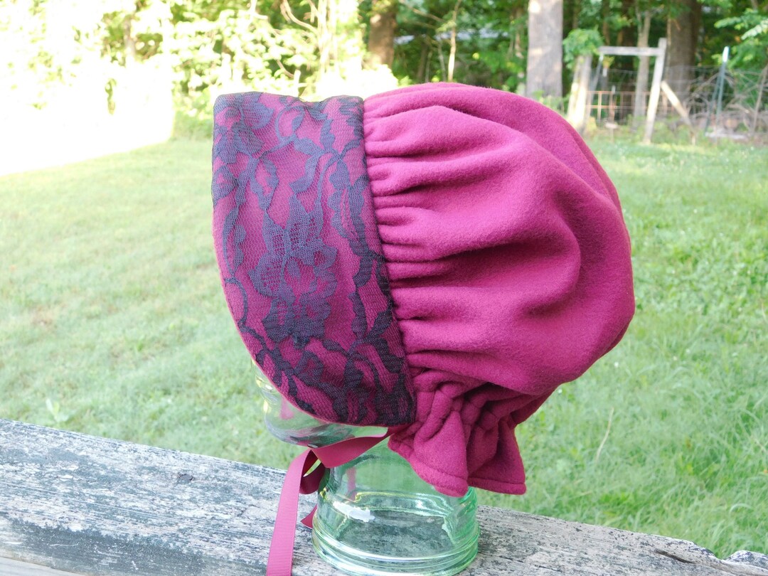 Burgundy Winter Bonnet With Black Lace Overlay, Winter Bonnet, Polar ...