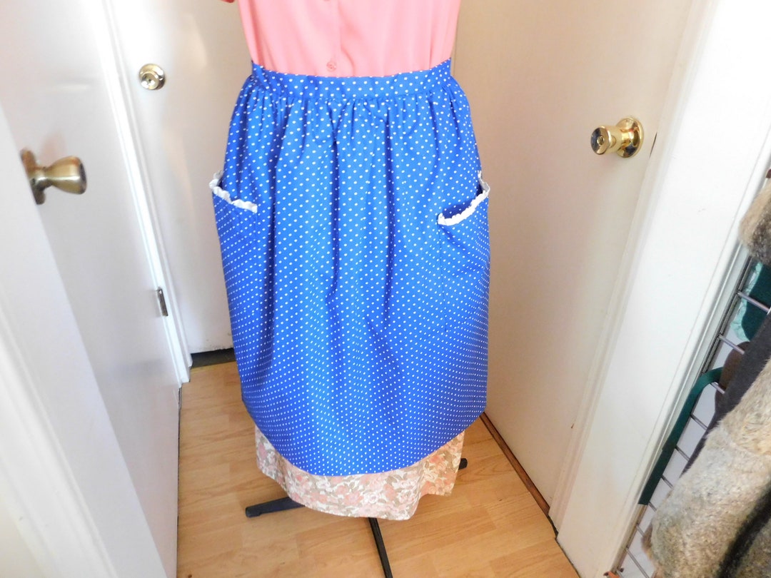 Blue Apron, Blue Polka Dot, Lace Trim, Woman's Half Apron, Garden Apron ...