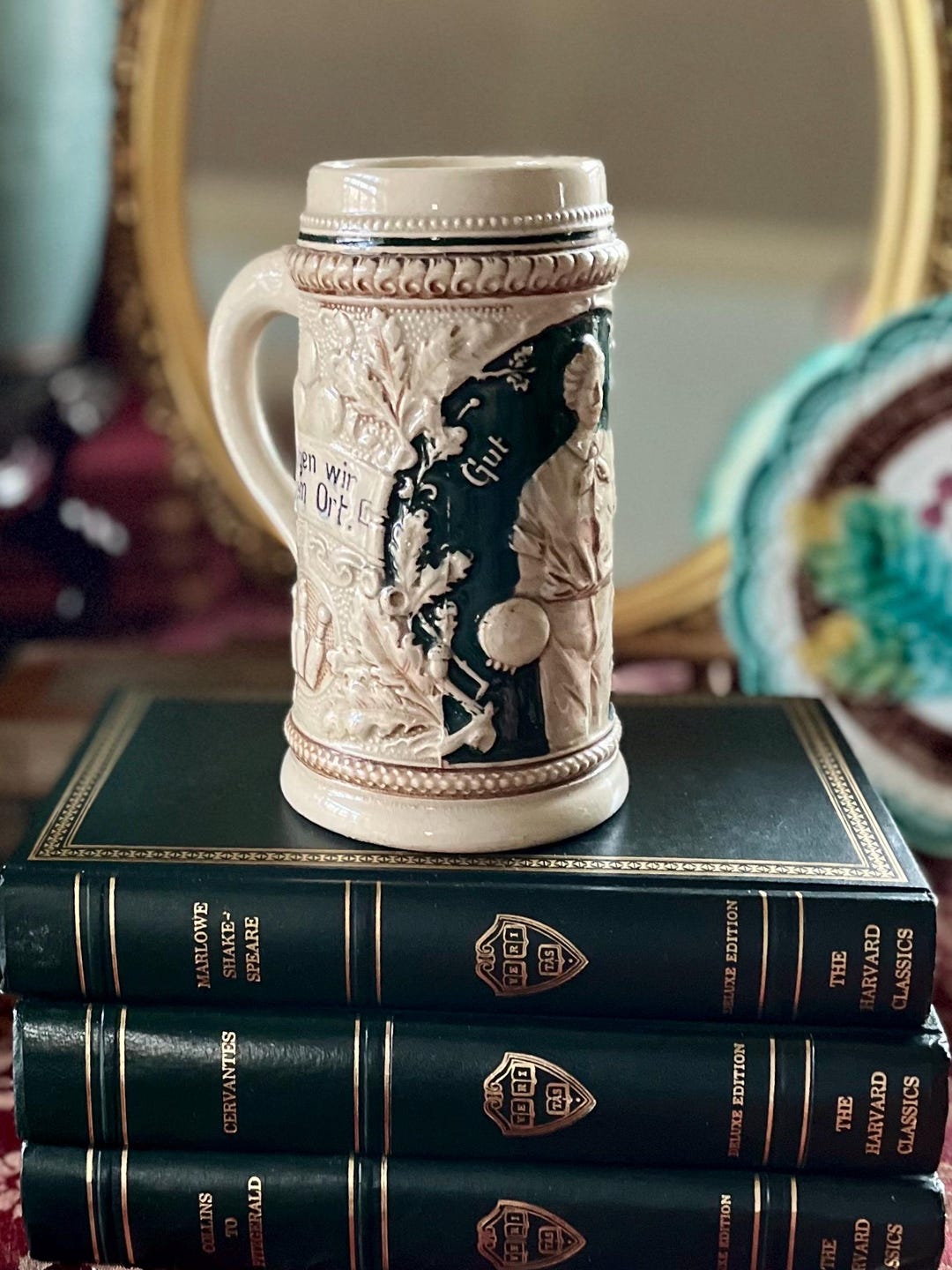 Antique German Beer Stein: Bowling Skittles Trophy Mug With Pig & Oak ...