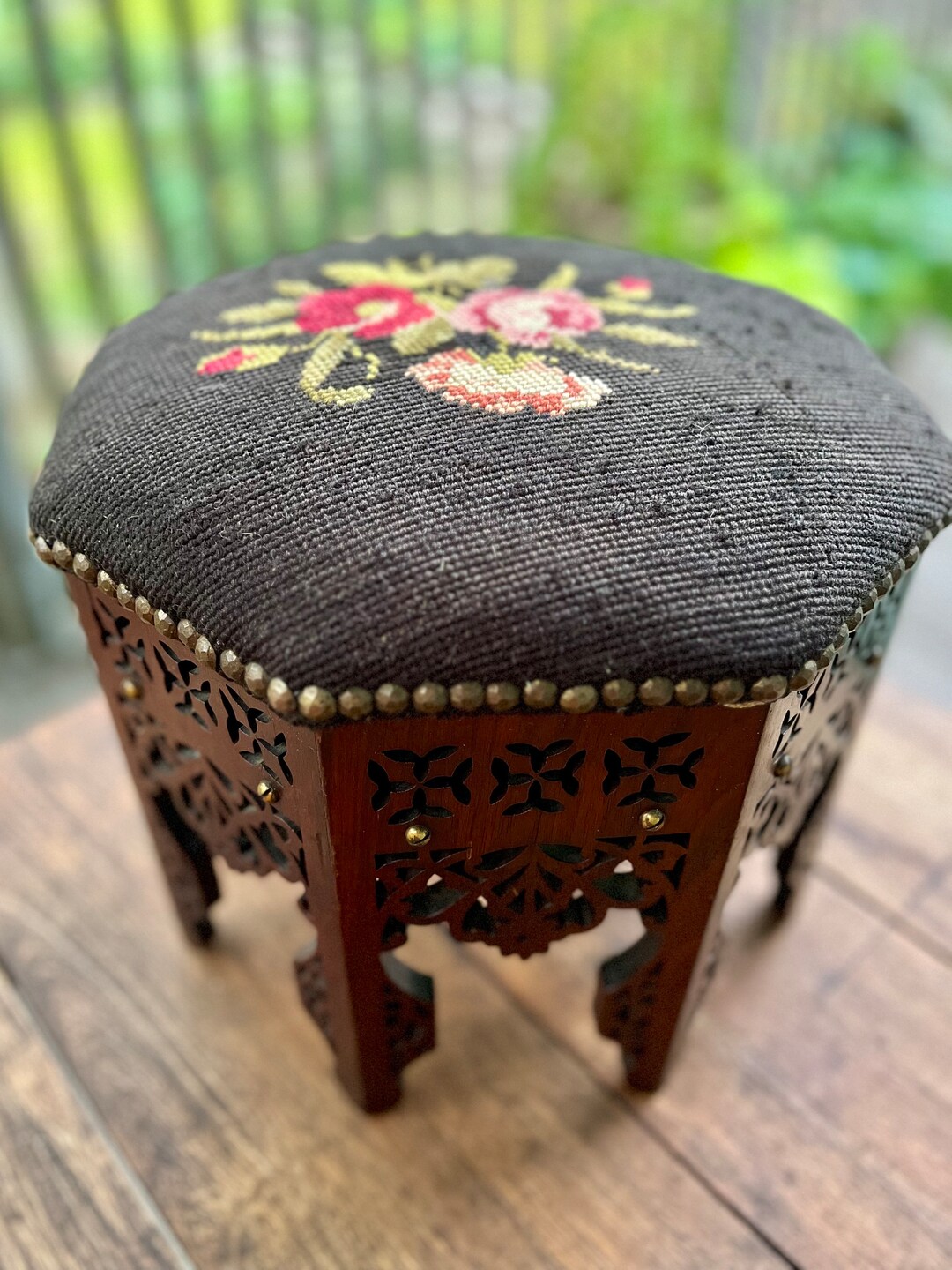 Antique Victorian Octagonal Needlepoint Footstool With Gothic ...