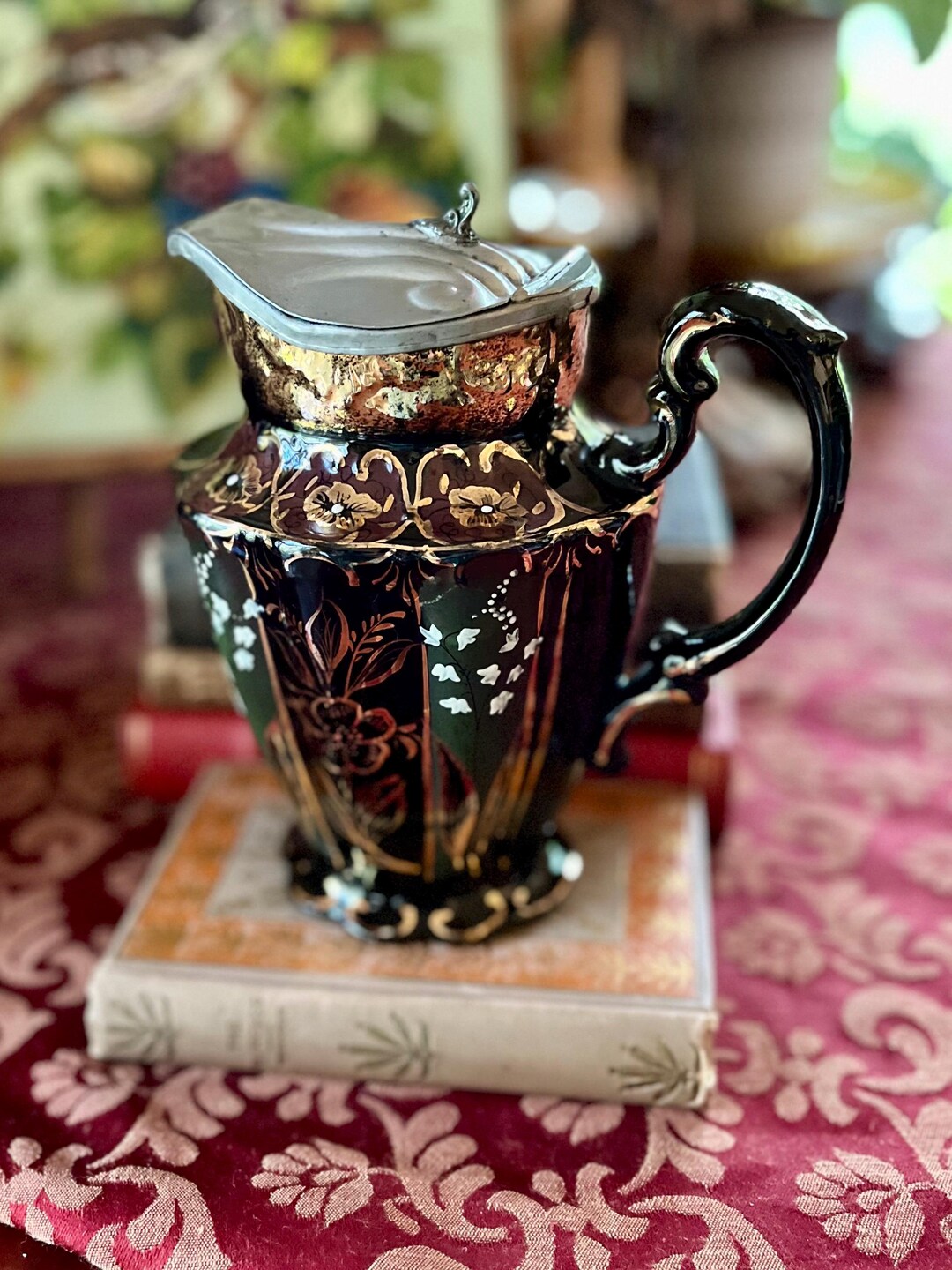 Antique Jackfield Jug With Pewter Lid, Victorian Hand Painted & Gilded ...